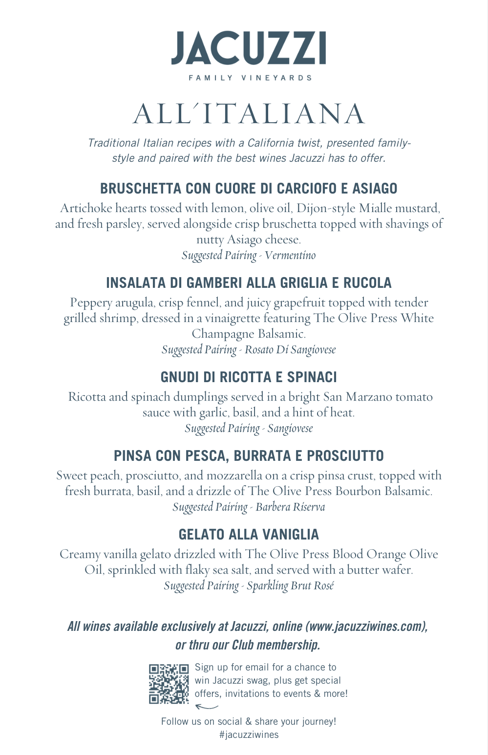 All'Italiana Menu | Jacuzzi Family Vineyards | Sonoma Winery